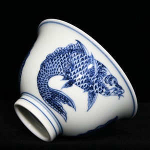 N1089 Chinese Blue and White Porcelain Fish Design Cup - Etsy