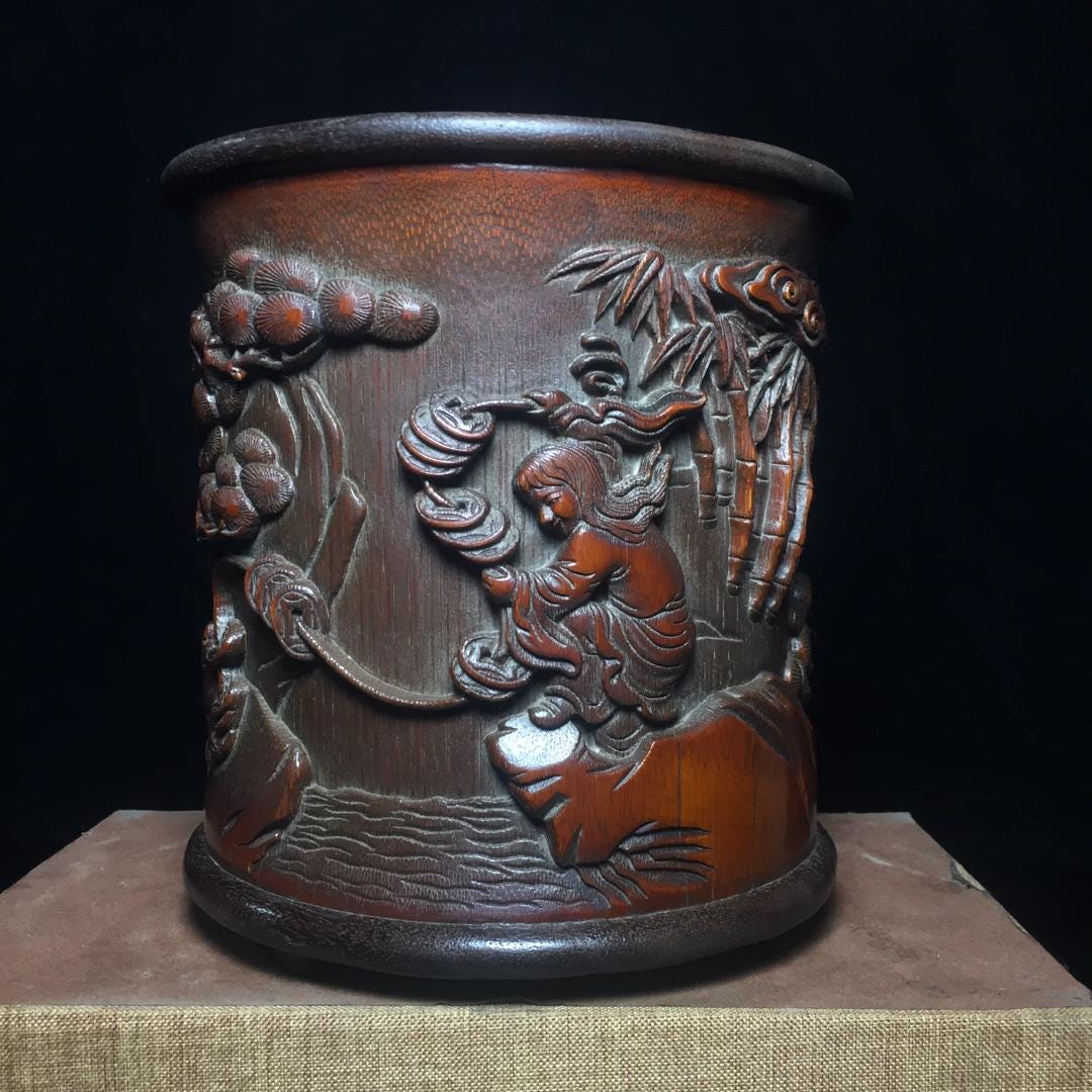 N6456 Old Chinese Bamboo Low Relief Liuhai Taolism Deity & Toad Design ...