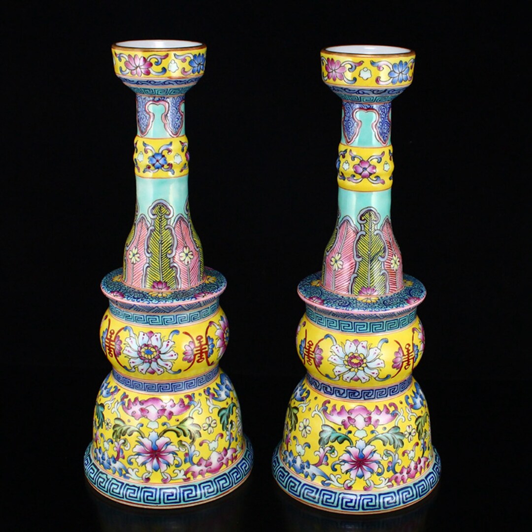 A6480 A Pair Chinese Gilt Edges Famille Rose Porcelain Candlesticks W ...