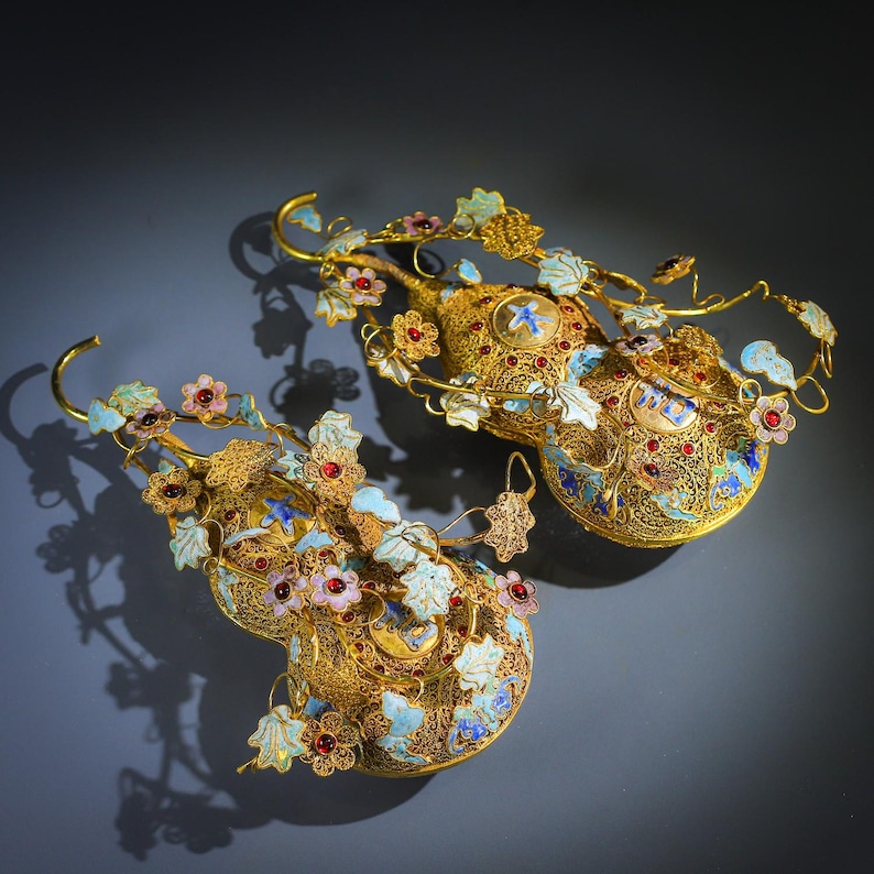 N6197 A Pair Excellent Chinese Gold Wires Enamel Inlay Ruby Gourd Shape ...