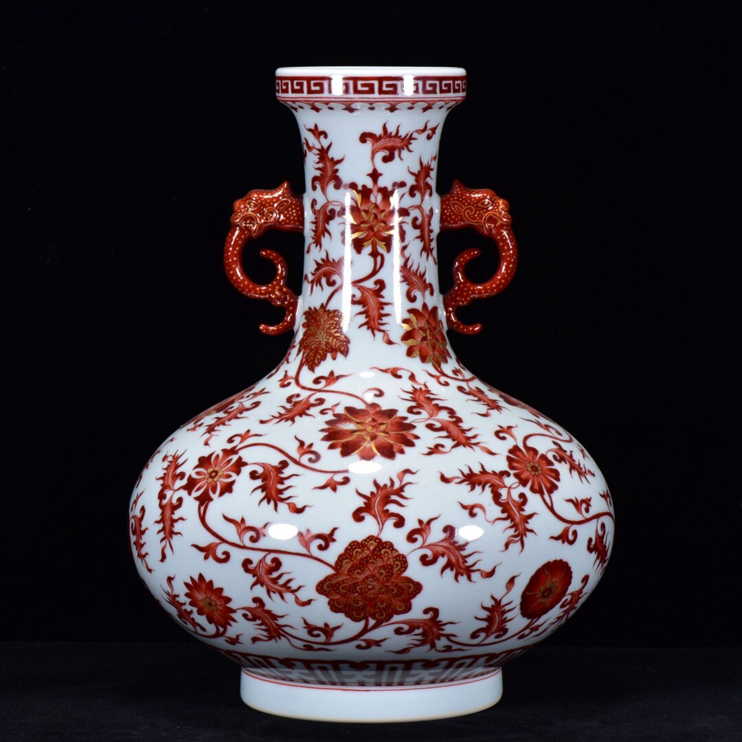 N4440 Chinese Gilt Gold Iron Red Glaze Flower Design Chi Dragon Double ...