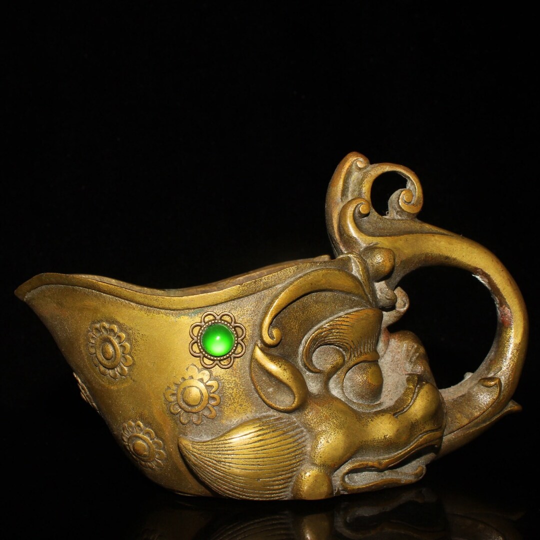 E8048 Vintage Chinese Brass Inlay Green Gem Beast Face Incense Burner ...
