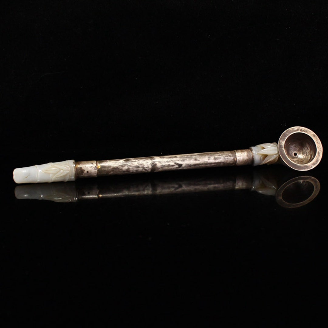 E9773 Vintage Chinese Silver Inlay Hetian Jade Bamboo Long-stemmed Pipe ...