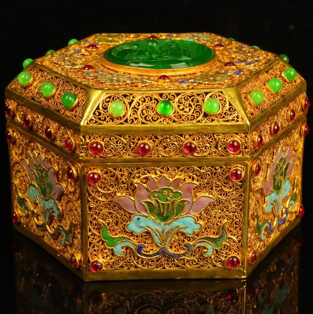 E7397 Exquisite Chinese Gold Wires Enamel Inlay Gem & Green Jade Lotus ...