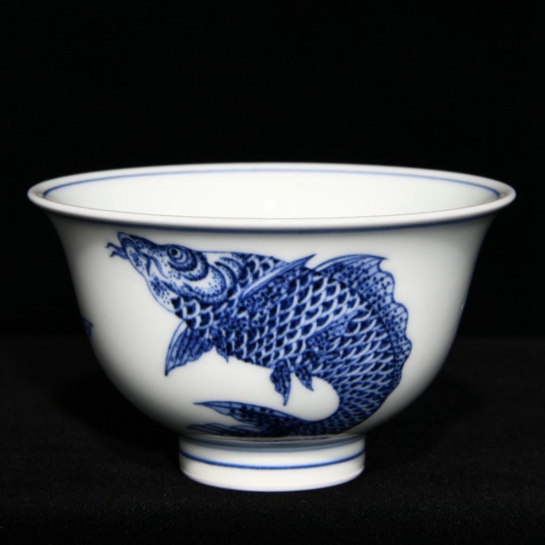 N1089 Chinese Blue and White Porcelain Fish Design Cup - Etsy