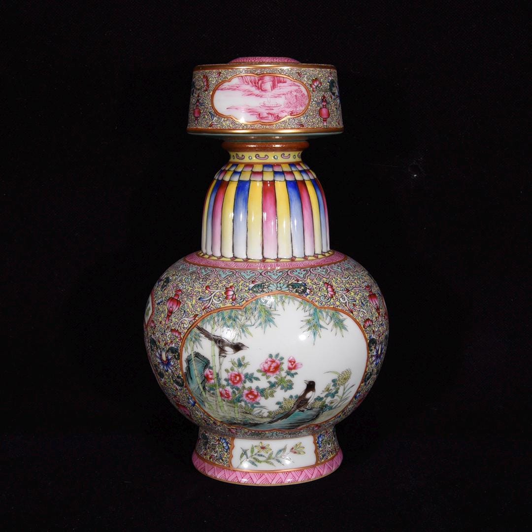 N7766 Chinese Gilt Gold Famille Rose Flower Bird Design Porcelain ...