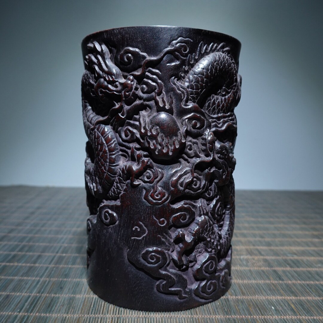 E7964 Vintage Chinese Zitan Wood Low Relief Fortune Dragon Design Brush ...