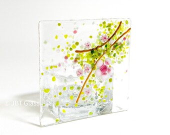 Floral Glass Plaque, Candle Display, Yellow and Cream Daffodils, Fused ...