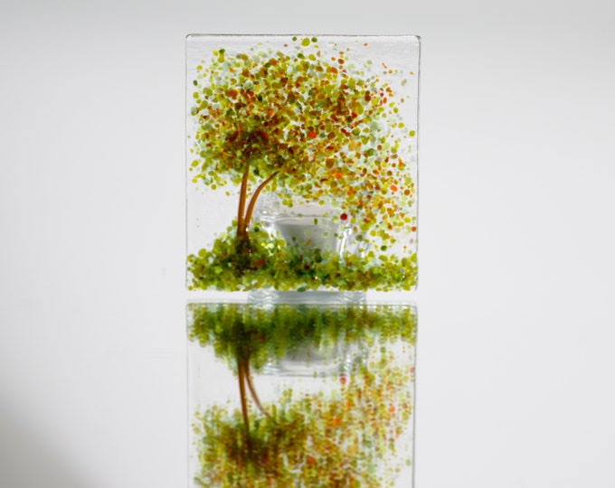 Tea Light-candle Display-autumn Tree-glass Plaque-fused Glass Art-home ...