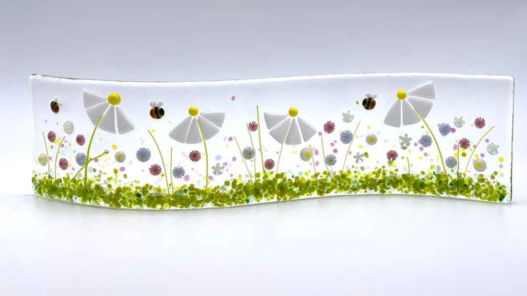 Narrow Glass Screen-fused Glass Wave-daisy and Pink Flowers-glass ...