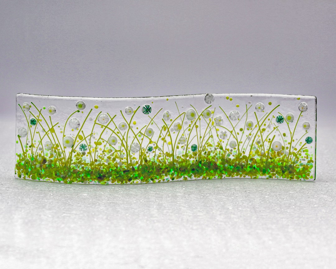 Narrow Glass Screen-fused Glass Wave-cream and Green Daisy-glass Plaque ...