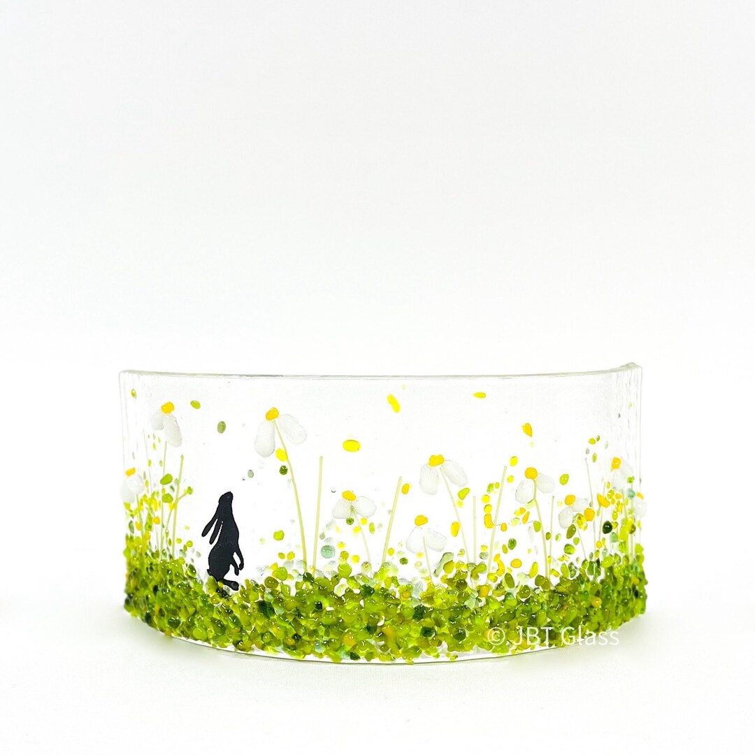 Small Narrow Glass Arch-fused Glass-hare With Daisies-glass Plaque ...