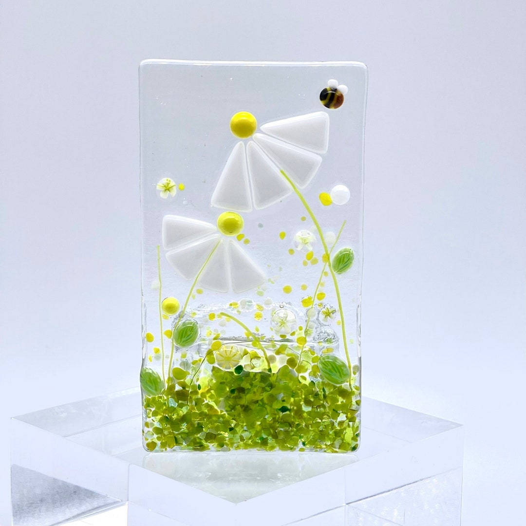 Tea Light-candle Display-white Daisy Flowers-glass Plaque-fused Glass ...