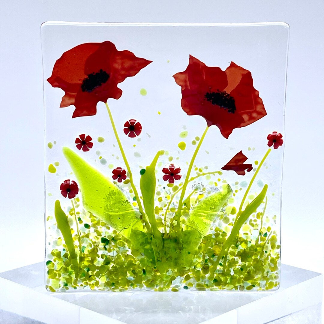 Tea Light-candle Display-poppy Red-glass Plaque-fused Glass Art ...