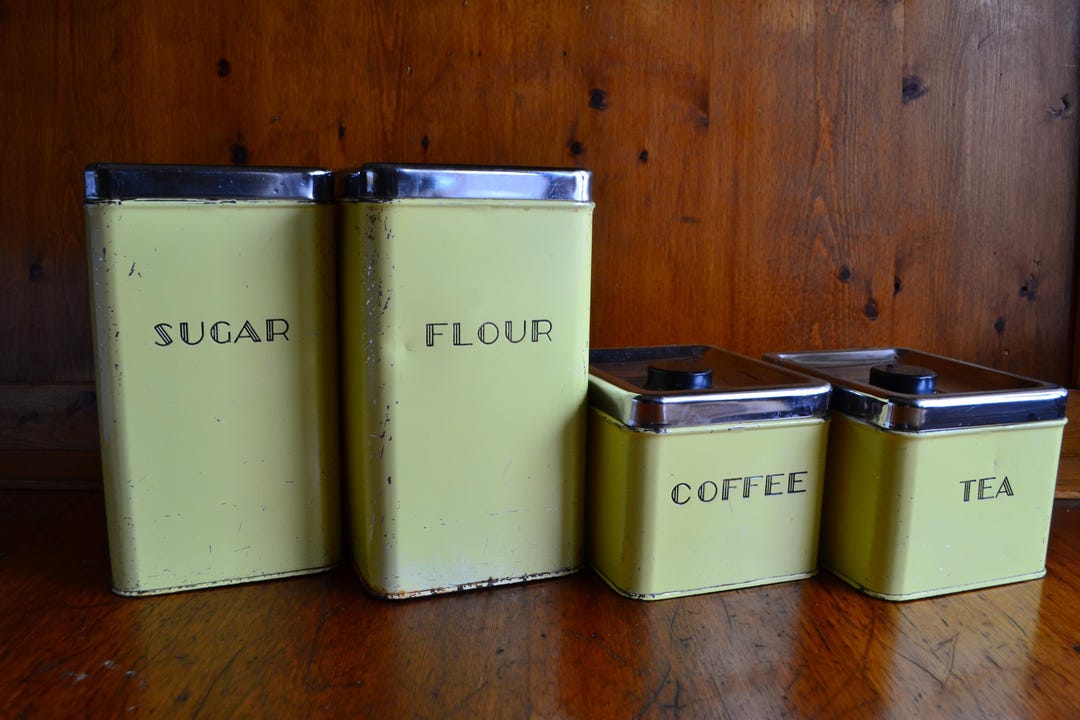 Vintage Set of 4 Garner Ware Tin Flour, Sugar, Tea, & Coffee Containers ...
