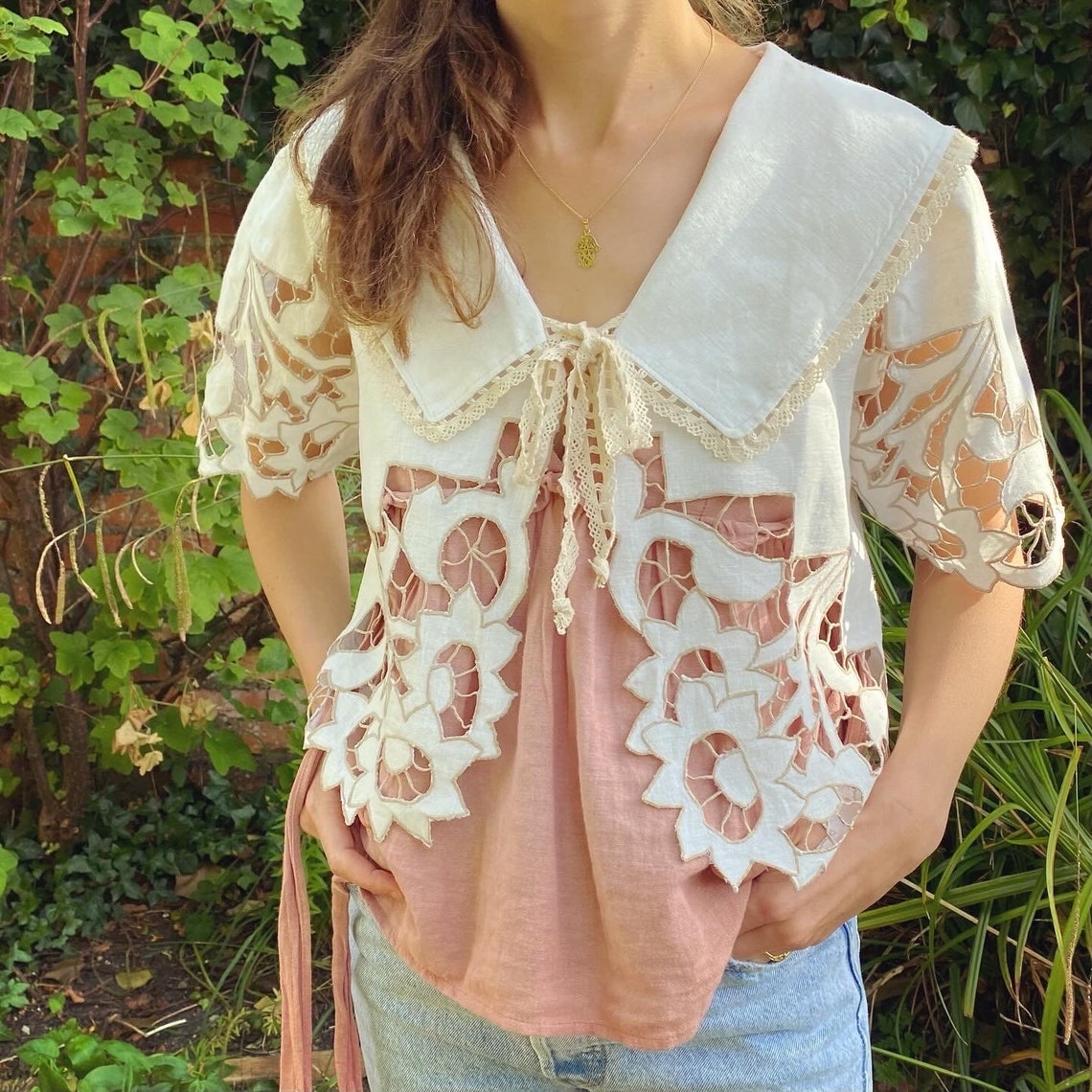 SAMPLE Piece . Repurposed Cutwork Embroidered Tablecloth Blouse Xsmall ...