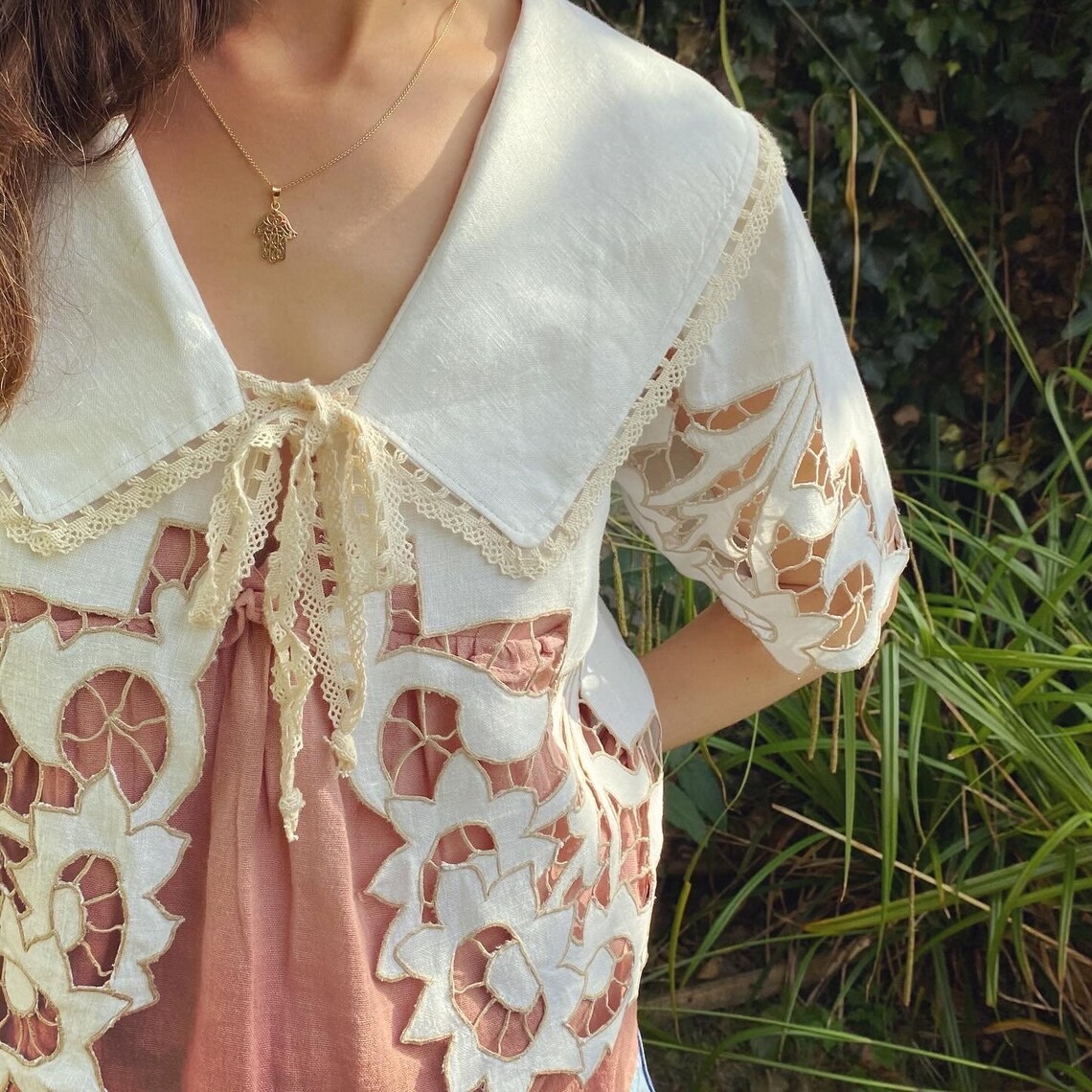 SAMPLE Piece . Repurposed Cutwork Embroidered Tablecloth Blouse Xsmall ...