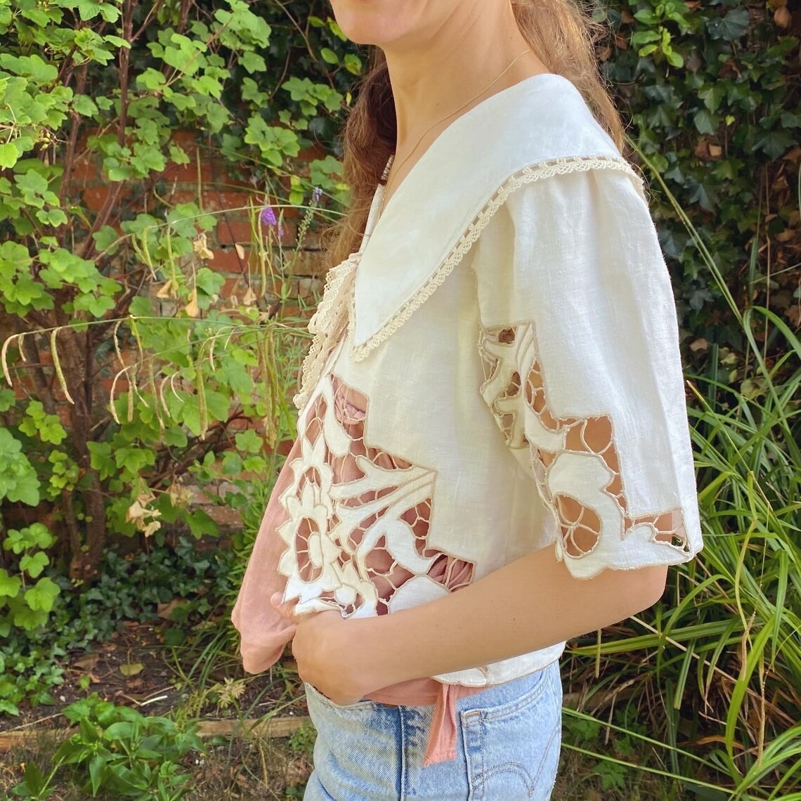 SAMPLE Piece . Repurposed Cutwork Embroidered Tablecloth Blouse Xsmall ...