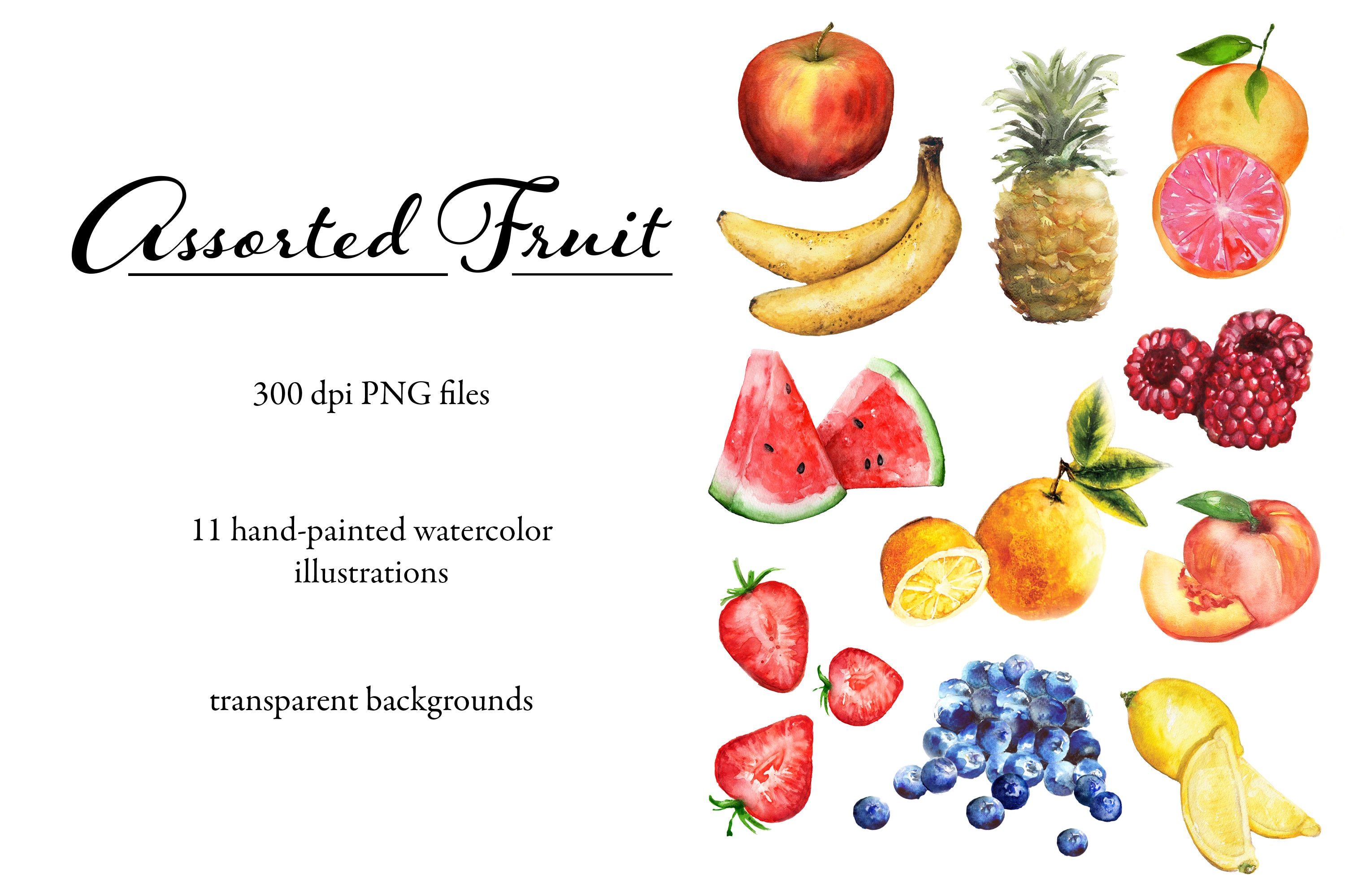 Assorted Fruit Watercolor Clipart - Food Clipart - Fruit Digital ...