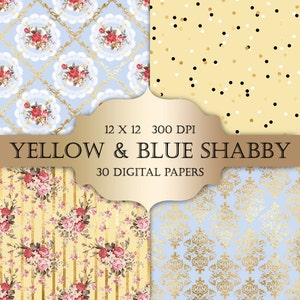 Gold Foil Shabby Chic Digital Papers - Yellow and Blue Polka Dot ...