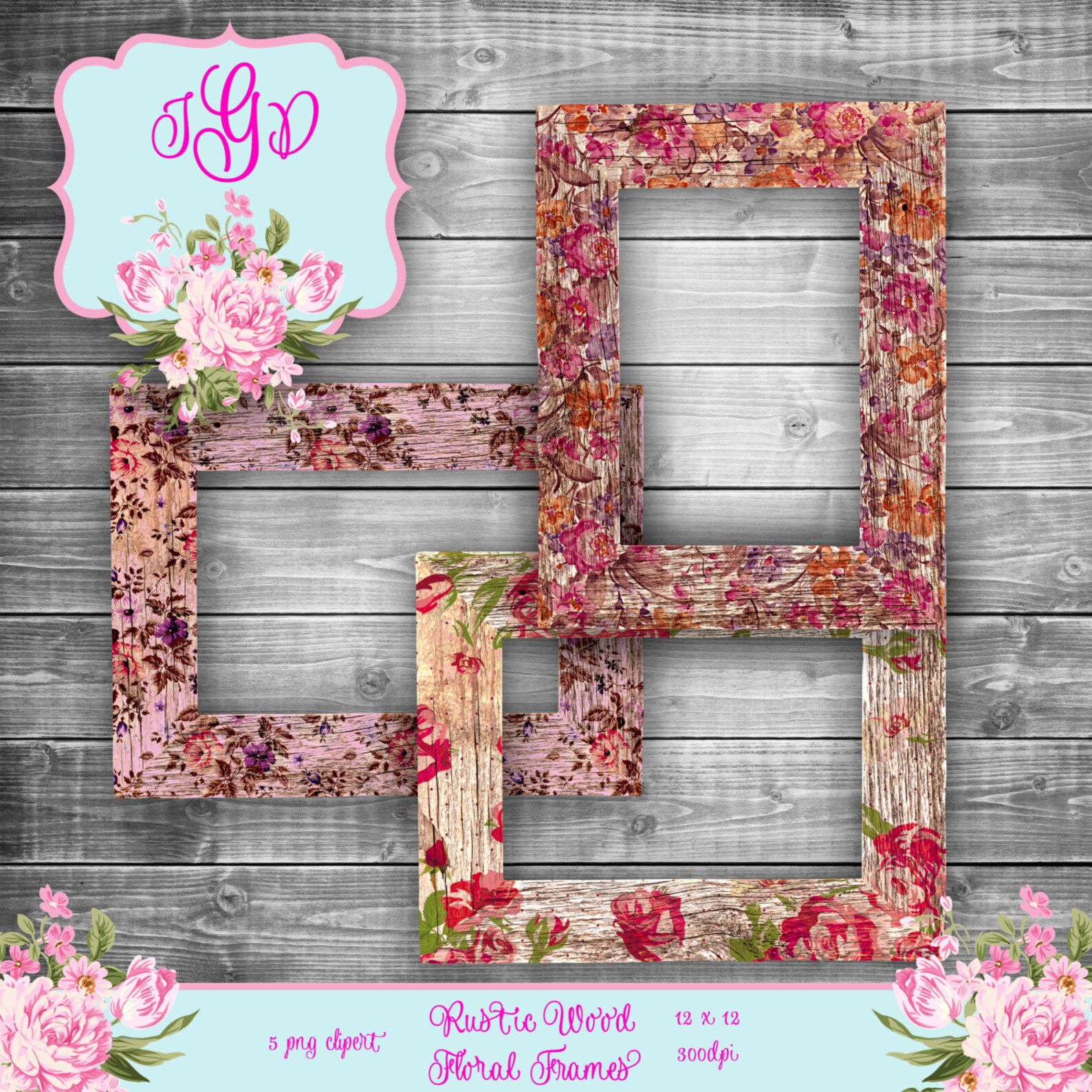 Vintage Shabby Flowers Rustic Wood Frames Digital Clipart - Etsy