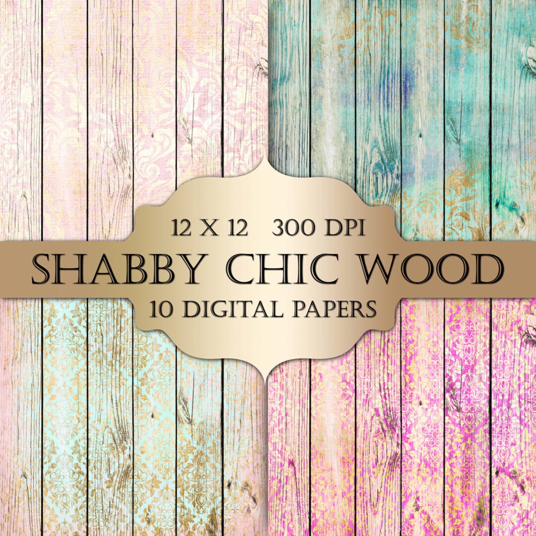 Shabby Chic Wood Digital Paper - Pastel Rustic Wood Grunge Gold Floral ...