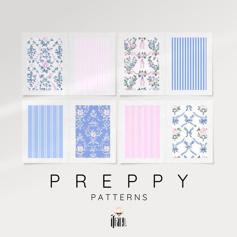 Grandmillenial Patterns, Preppy Seamless Digital Paper, Damask ...