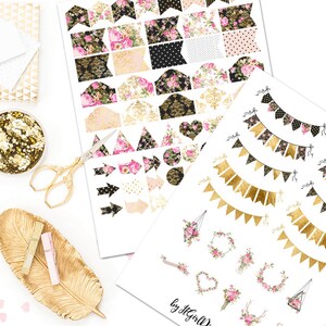 Gold Foil Planner Stickers - Printable Gold Shabby Chic Flowers Black ...