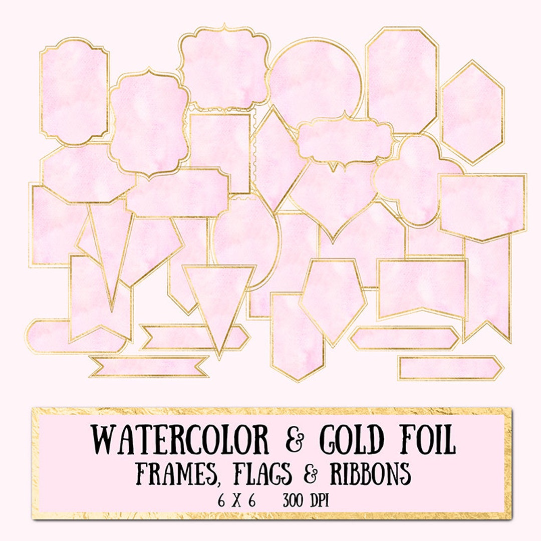 Watercolor & Gold Foil Frames Clip Art - Blush Watercolor and Gold Leaf ...