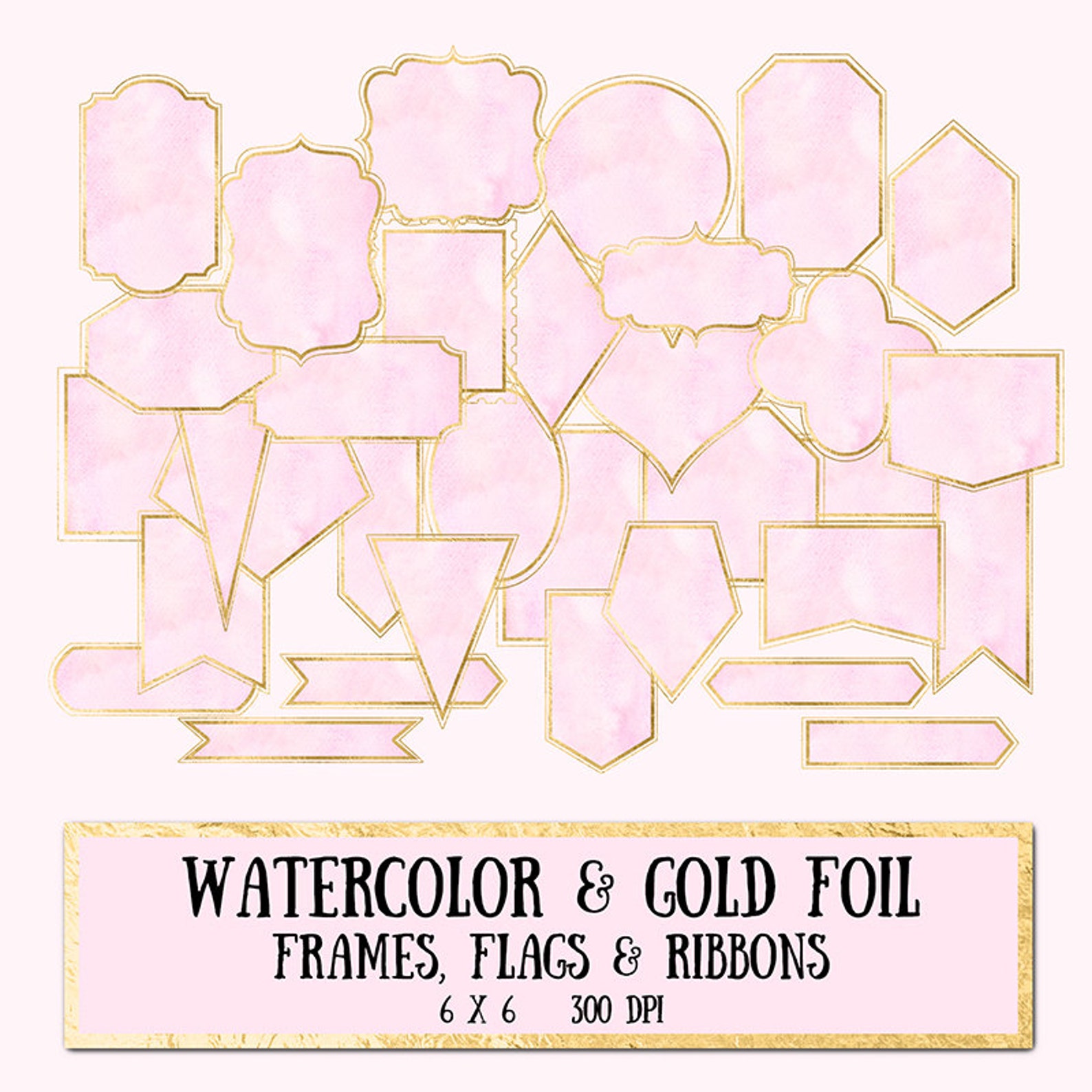 Watercolor & Gold Foil Frames Clip Art Blush Watercolor and | Etsy