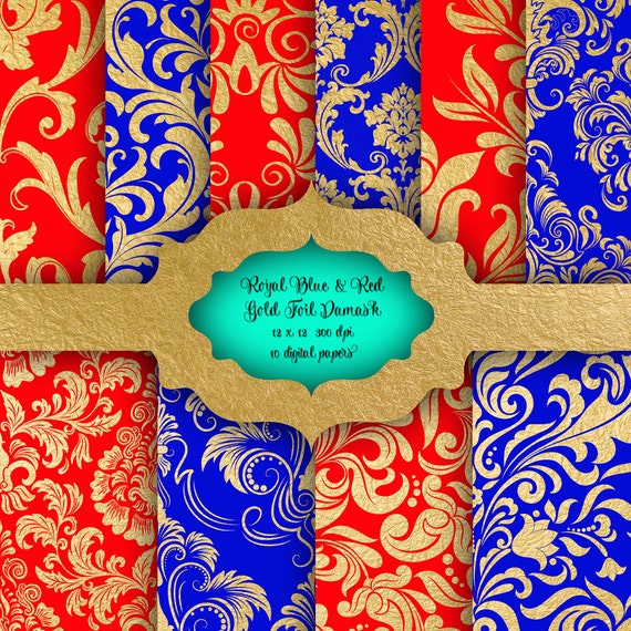 Royal Blue Red & Gold Foil Damask Digital Paper Pack Floral | Etsy