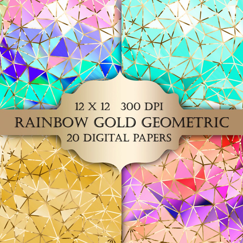 Gold Rainbow Geometric Digital Paper Triangles Sparkle | Etsy