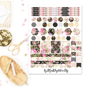 Gold Foil Planner Stickers - Printable Gold Shabby Chic Flowers Black ...
