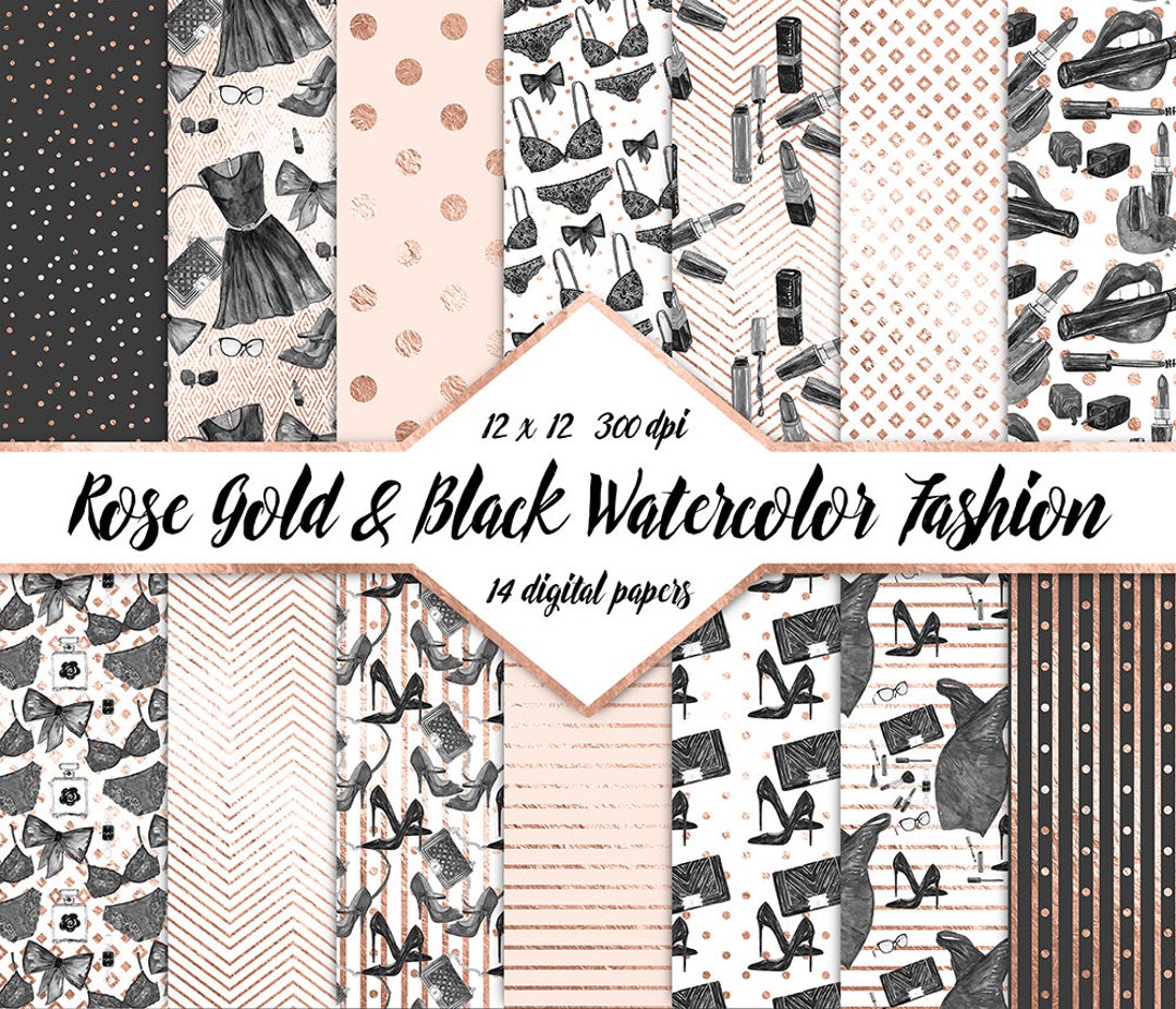Rose Gold & Black Watercolor Fashion Digital Paper Dress Make up Rose ...