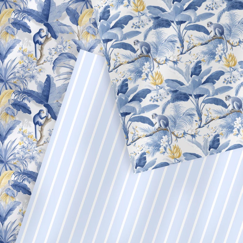 Blue Chinoiserie Monkey Seamless Patterns: Preppy Mahjong Watercolor ...