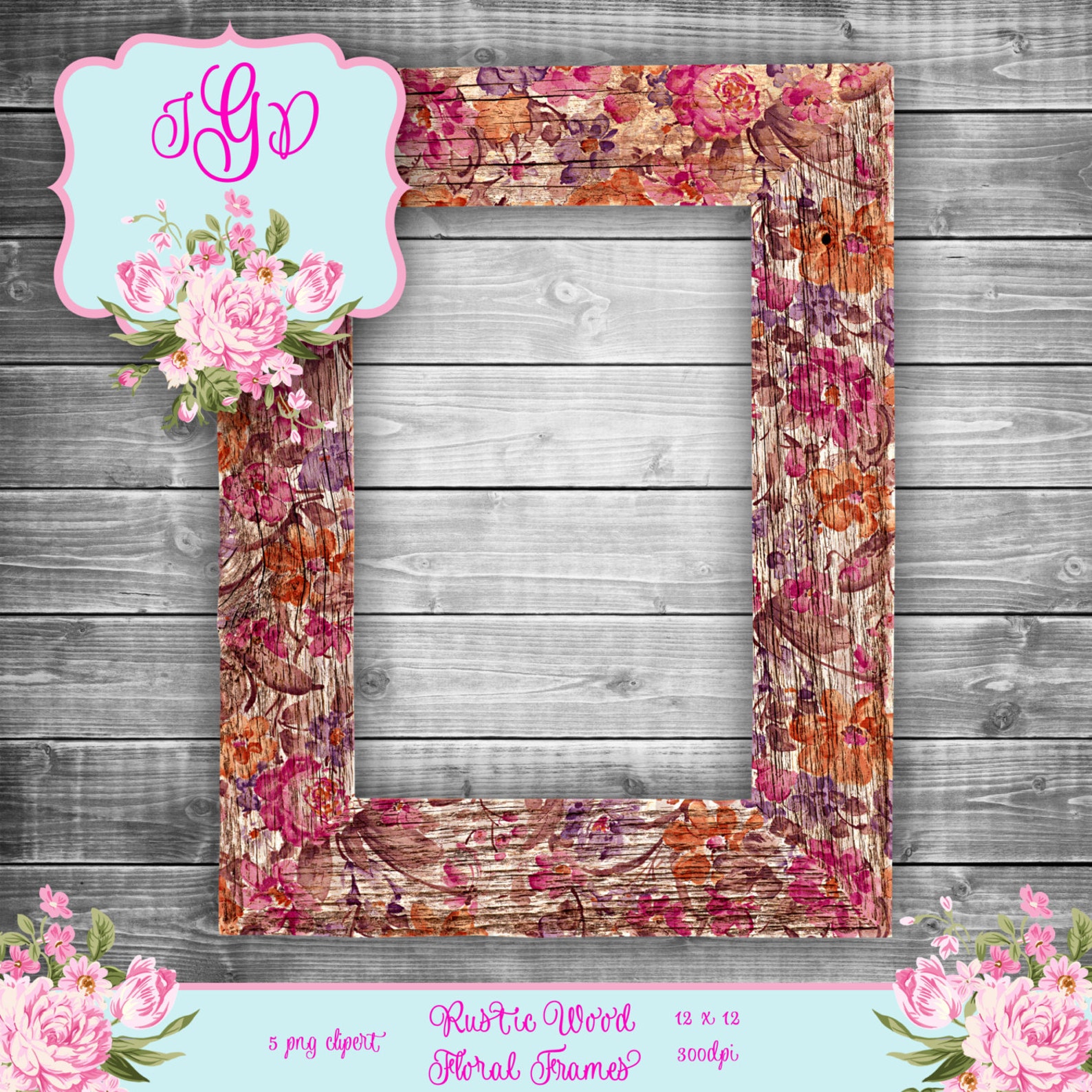 Vintage Shabby Flowers Rustic Wood Frames Digital Clipart - Etsy