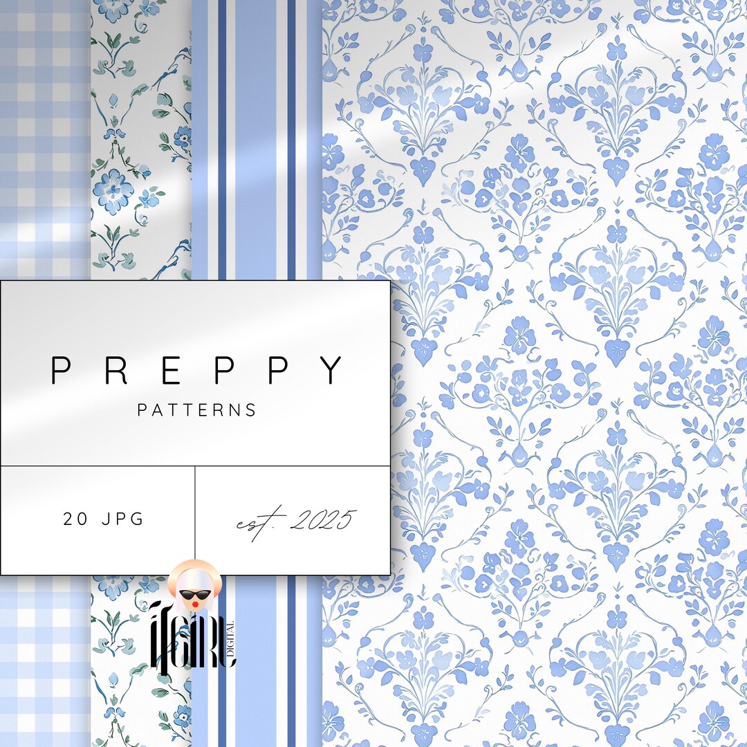 Blue Preppy Seamless Digital Paper, Grandmillenial Patterns, Watercolor ...