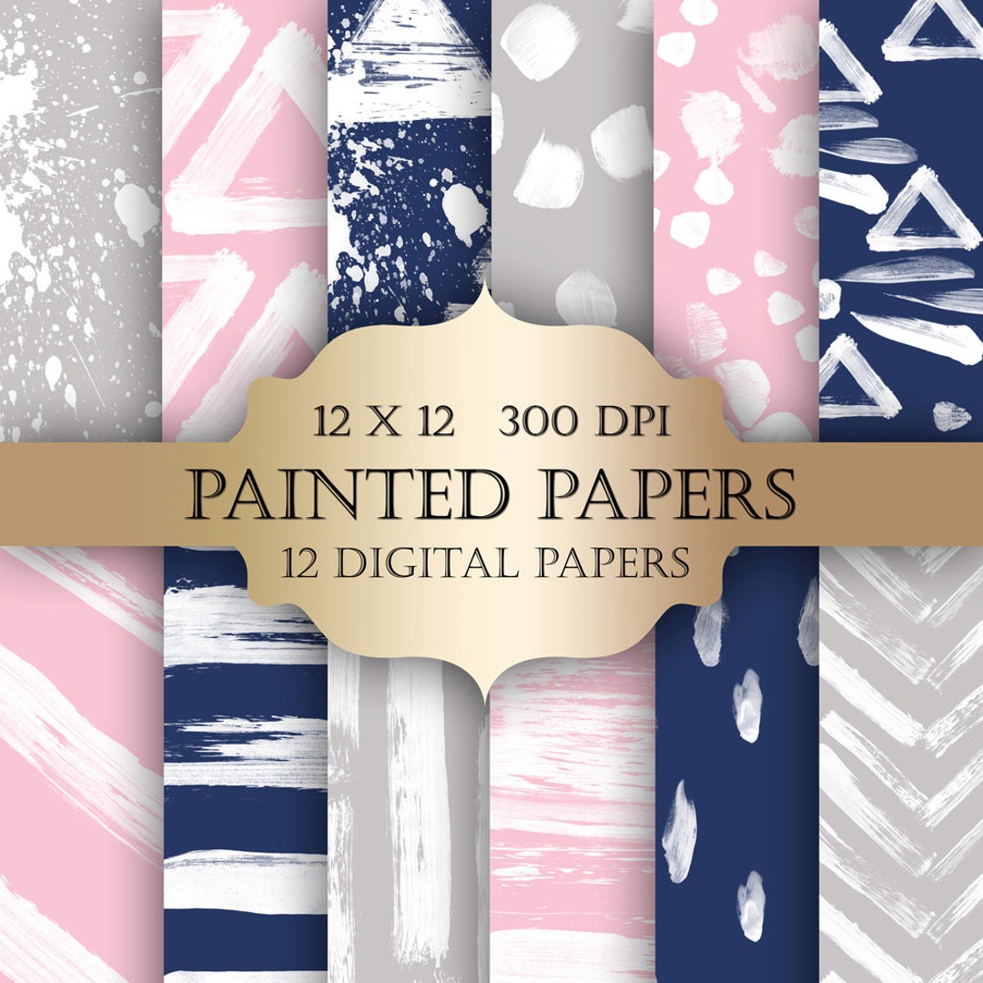 Geometric Painted Digital Paper Pack - Navy Pink & Grey Paint Strokes ...