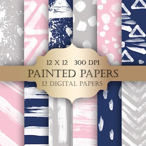 Geometric Painted Digital Paper Pack - Navy Pink & Grey Paint Strokes ...