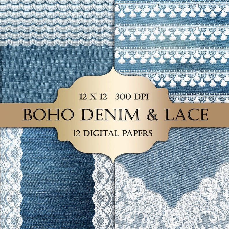 Denim & LACE Digital Paper Pack Vintage lace denim textures | Etsy