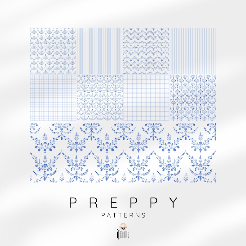 Grandmillenial Blue Preppy Seamless Digital Paper, Damask, Watercolor ...
