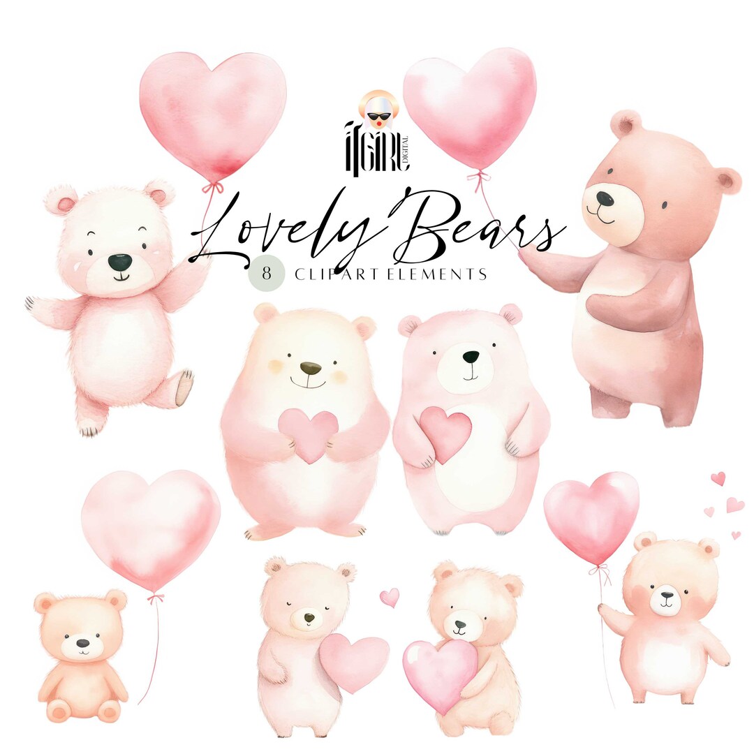 Watercolor Valentines Bears Clipart, Cute Teddy Bear With Balloon ...