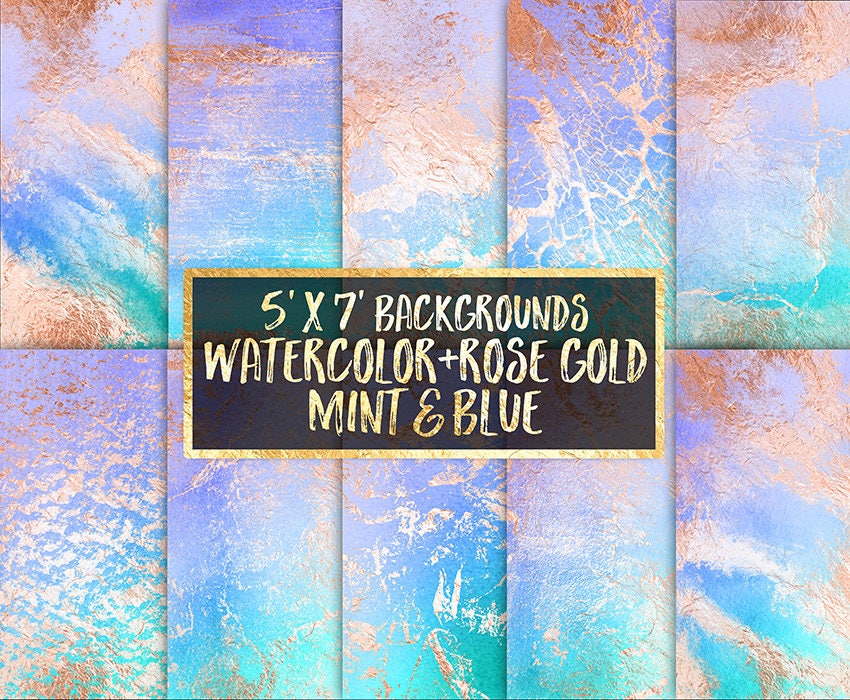 Watercolor and Rose Gold Digital Paper mint blue wedding | Etsy