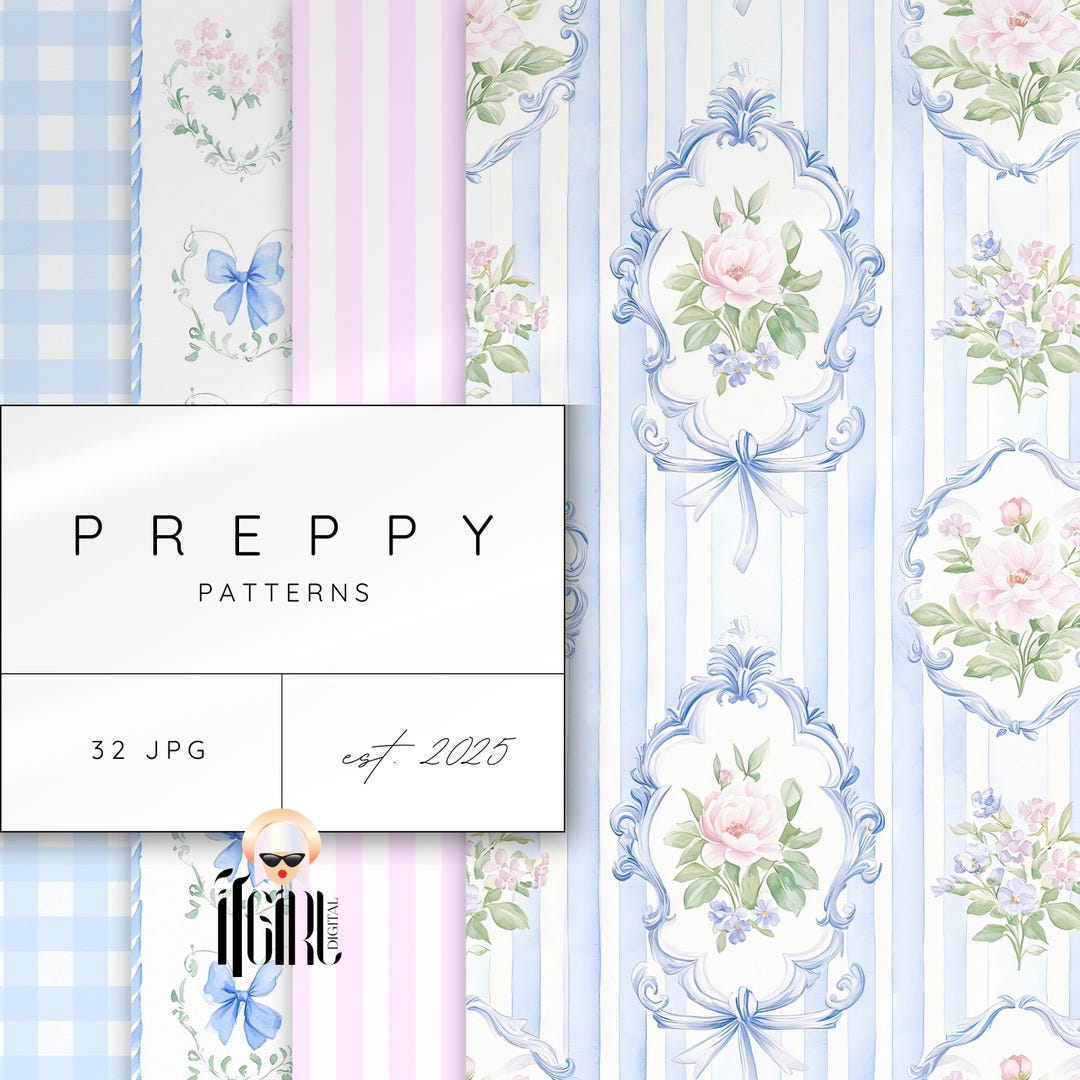 Blue Grandmillenial Patterns, Preppy Seamless Digital Paper, Watercolor ...