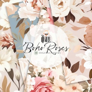 Boho Style Roses Digital Paper Minimalist Shabby Chic Floral Print ...