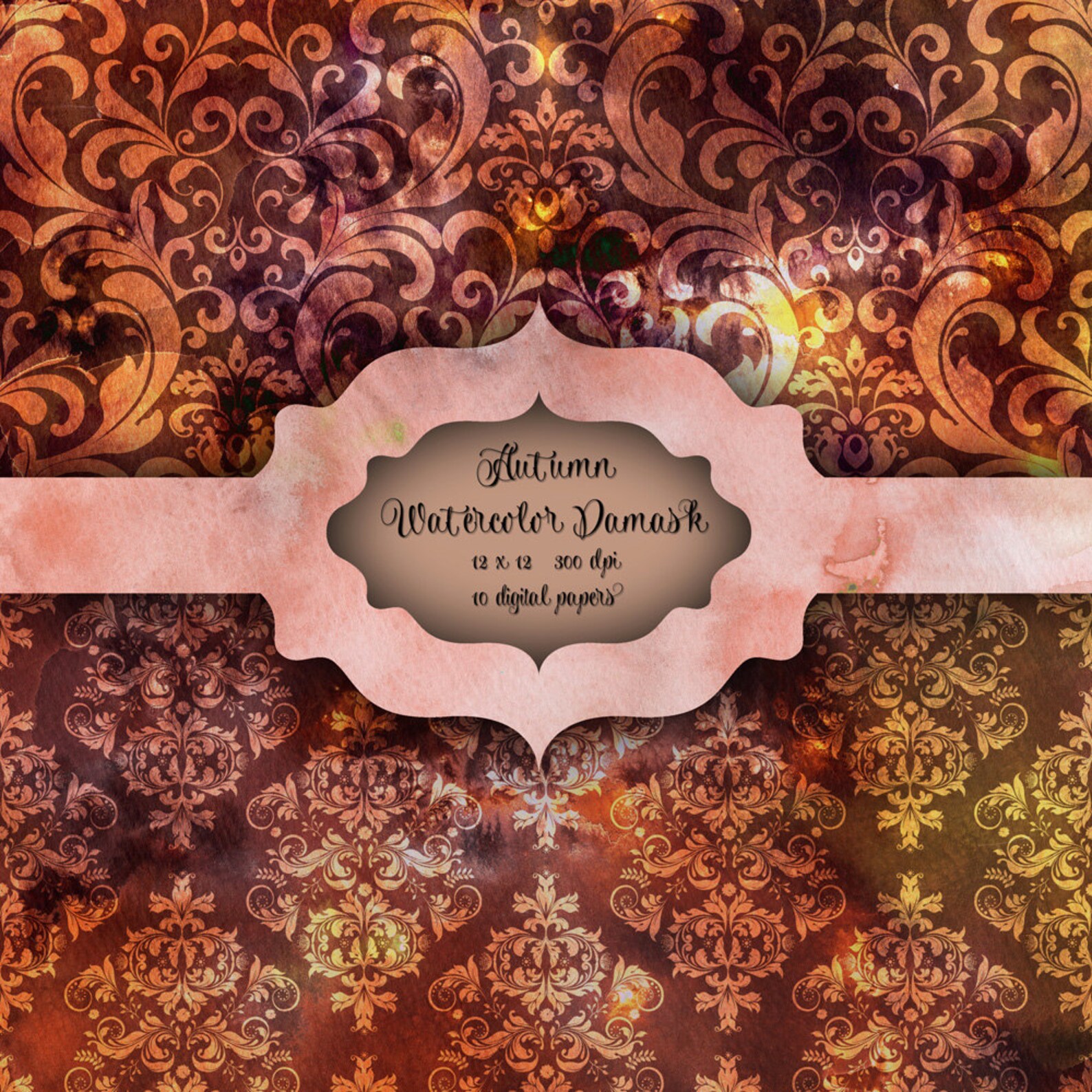 AUTUMN Damask Digital Paper Pack Watercolor Grunge Gold | Etsy