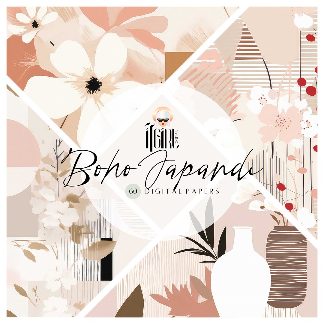 Boho Style Japandi Digital Paper Minimalist Mid Century Art Wabi Sabi ...