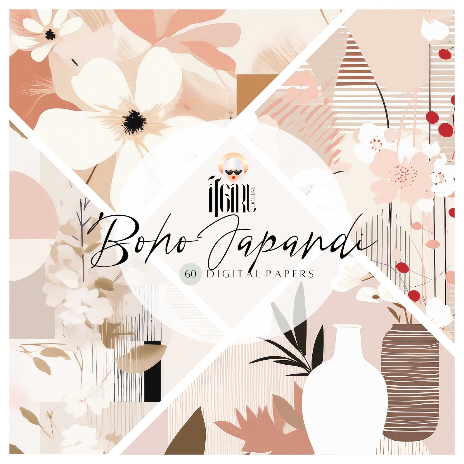 Boho Style Japandi Digital Paper Minimalist Mid Century Art Wabi Sabi ...