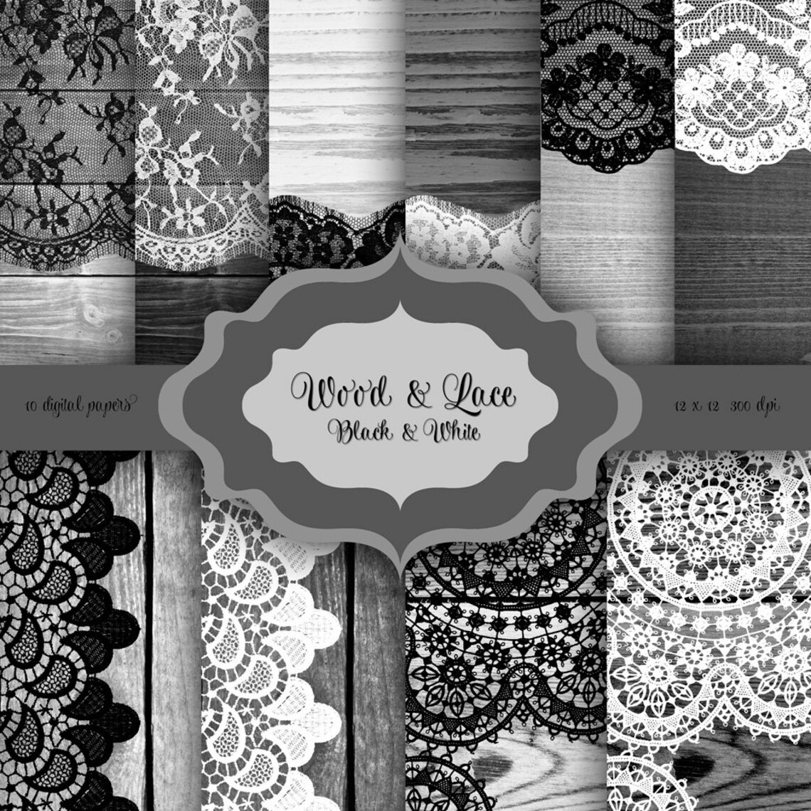 Rustic Wood & LACE Digital Paper Pack Vintage Black and | Etsy
