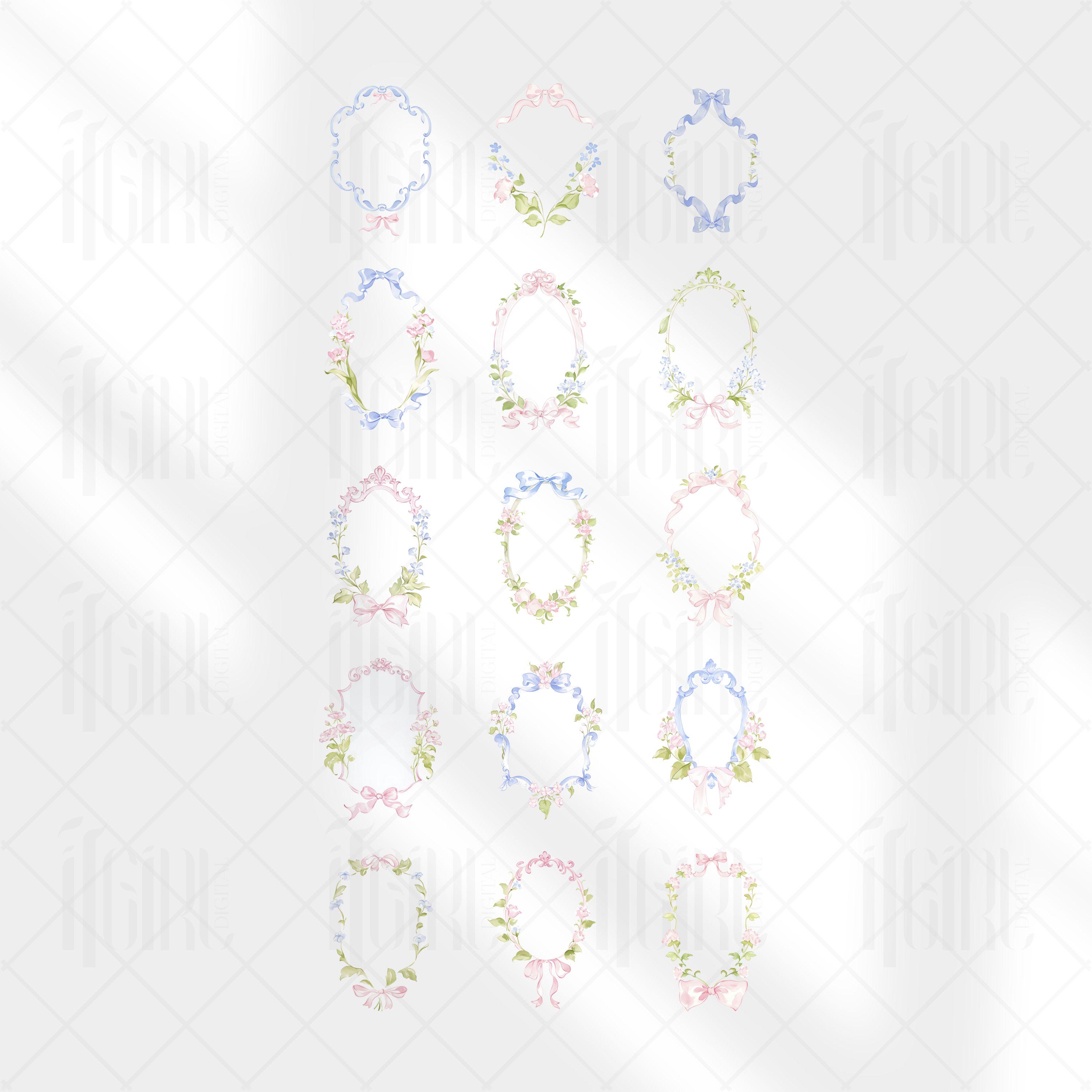 15 Grandmillennial Floral Frames PNG Clipart: Preppy Blue and Pink ...